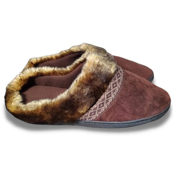 Isotoner Shoes Isotoner Womens Large Size 95 Brown Faux Suede Faux Fur Mule Slippers Poshmark